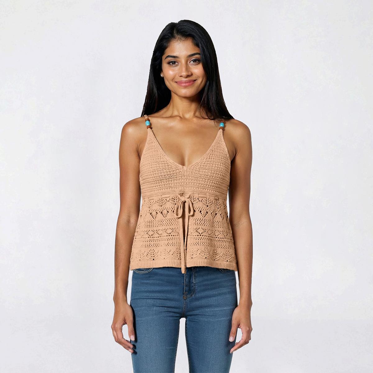 Click here for Juniors Pink Rose V Neck Pointelle Lacing Cami Wit... prices